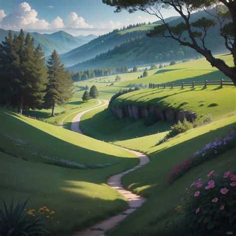 배경에 산이 있는 푸른 계곡의 길 그림 Seaart Ai