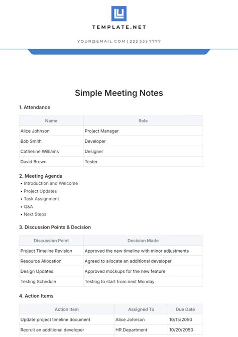 free simple meeting notes template to edit online