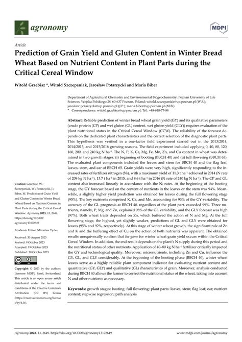 (PDF) Prediction of Grain Yield and Gluten Content in Winter Bread Wheat Based on Nutrient ...