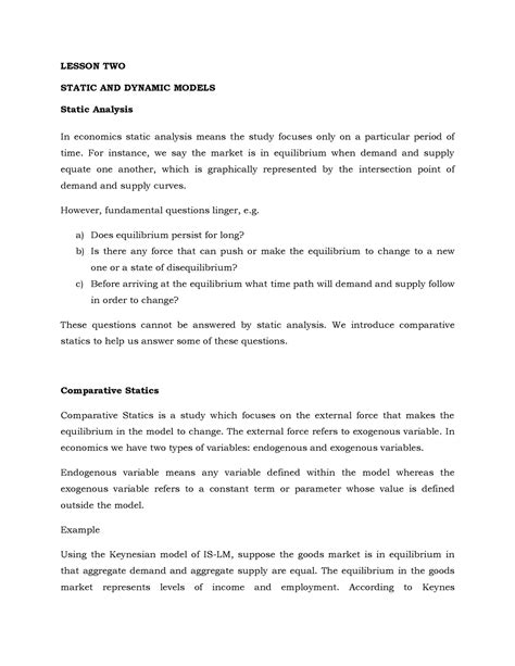 Lesson TWO Static AND Dynamic Analysis LESSON TWO STATIC AND DYNAMIC MODELS Static Analysis
