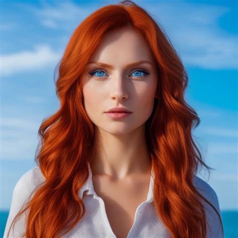 Premium Ai Image A Woman With Red Hair And Blue Eyes Stands In Front