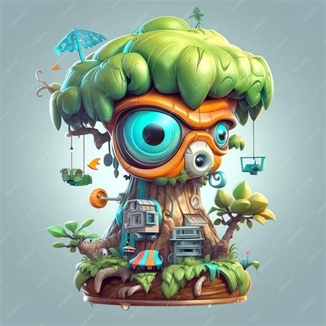 Premium Ai Image A Cartoon Of A Tree With A Robot Face And A House On It Premium Ai Image A Cartoon Of A Tree With A Robot Face And A House On It
