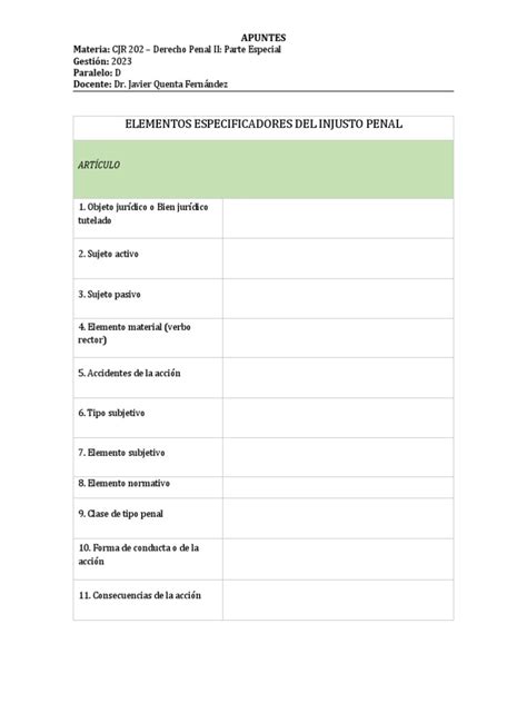 Tabla Editable Para Tomar Apuntes Elementos Especificadores Del Injusto Penal Pdf Tabla Editable Para Tomar Apuntes Elementos Especificadores Del Injusto Penal Pdf