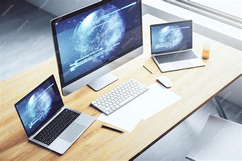 Premium Photo Modern Computer Monitor With Abstract Programming Language With World Map