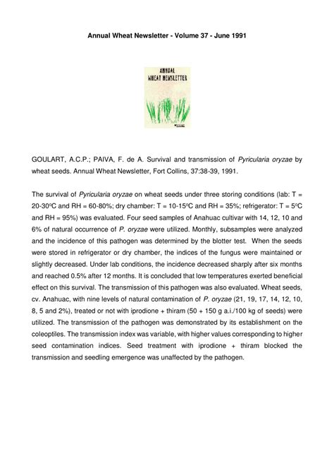 Pdf Survival And Transmission Of Pyricularia Oryzae By Wheat Seeds
