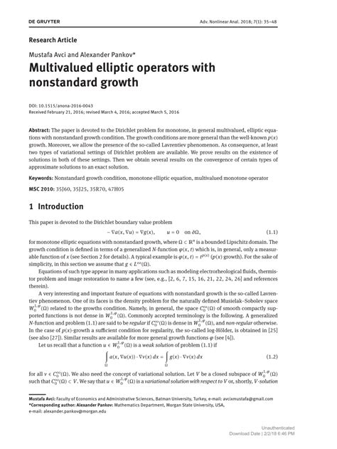 Pdf Multivalued Elliptic Operators With Nonstandard Growth