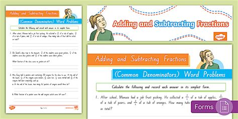 Adding And Subtracting Fractions Word Problems Common Denominators