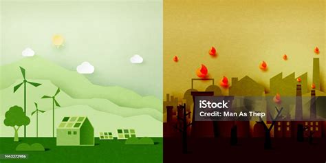 지구 온난화와 기후 변화 개념 오염과 녹색 환경 배경 생태와 환경 개념의 종이 예술 벡터 그림입니다 기후 변화에 대한 스톡 벡터 아트 및 기타 이미지 Istock