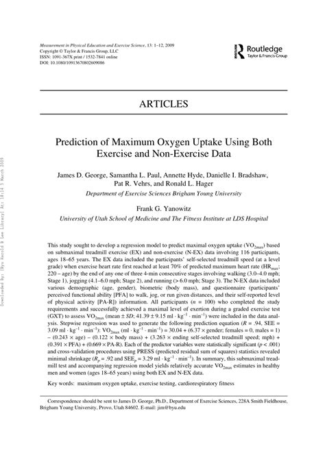Pdf Prediction Of Maximum Oxygen Uptake Using Both Exercise And Non