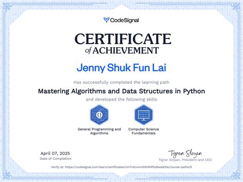 Path Certificate For Mastering Algorithms And Data Structures In Python Jenny Lai Csm