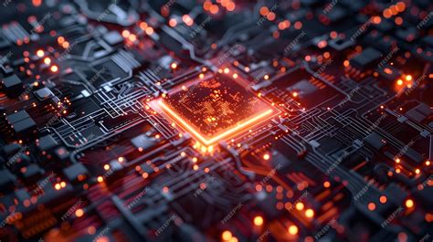 Glowing Technological Circuit Board With Luminous Interconnected Microchips And Data Pathways