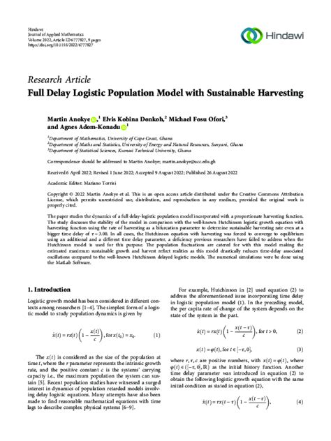 Pdf Full Delay Logistic Population Model With Sustainable Harvesting