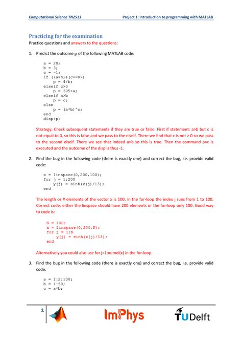 Project Programming With Matlab Examination Questions Practicing For The Examination