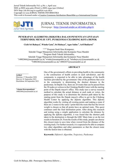 Pdf Penerapan Algoritma Dijkstra Dalam Penentuan Lintasan Terpendek