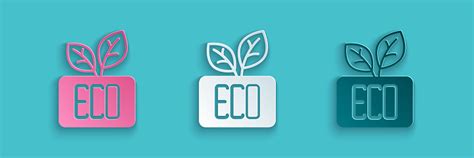 파란색 배경에 격리 된 잎 에코 기호 아이콘을 잘라 용지 에코 그린 배너 라벨 태그 로고 스티커 종이 아트 스타일 벡터 3차원 형태에 대한 스톡 벡터 아트 및 기타 이미지