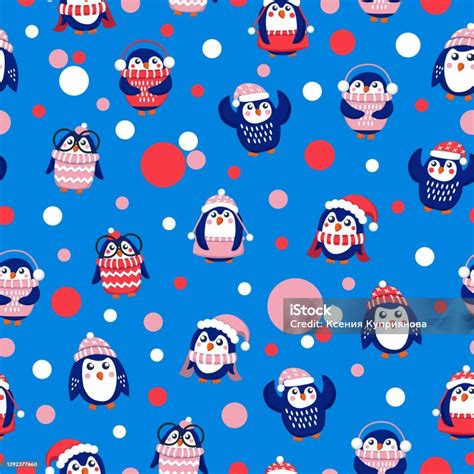 분홍색 빨간색과 흰색 스웨터 모자와 스카프를 입고 파란색 아기 펭귄과 원활한 패턴 흰색 배경입니다 귀엽고 재미있습니다 즐거운 성탄절 벽지 직물 스크랩북 및 포장지 12월에