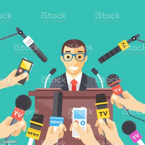 기자 회견 인터뷰 뉴스 개념 마이크와 보이스 레코더를 들고 손을 잡고 마이크와 트리뷴에 서 있는 사람 평면 디자인입니다 벡터 일러스트 개념에 대한 스톡 벡터 아트 및 기타