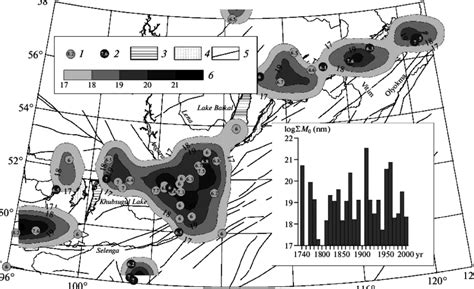 Scheme Of Epicenters And Isolines Of Seismic Moment Logarithms For