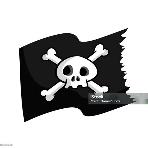 해적 플래그 검은 리본에 두개골과 뼈 죽음의 요소 엠블럼과 도난과 강도의 상징 만화 평면 일러스트 유쾌한 로저 기에 대한 스톡