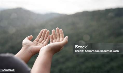 하나님의 희망을 간구했던 한 젊은이의 두 손은 하나님을 찬양하는 개념입니다 기도하고 소통하십시오 산 자연 배경 일출 때 개념에