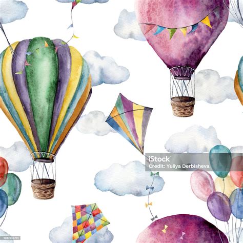 열기구 플래그 화환 및 연수화 매끄러운 패턴 흰색 배경에 고립 된 에어로스테이트와 구름이있는 손으로 그린 하늘 그림 디자인 패브릭 또는 배경용 열기구에 대한 스톡 벡터 아트
