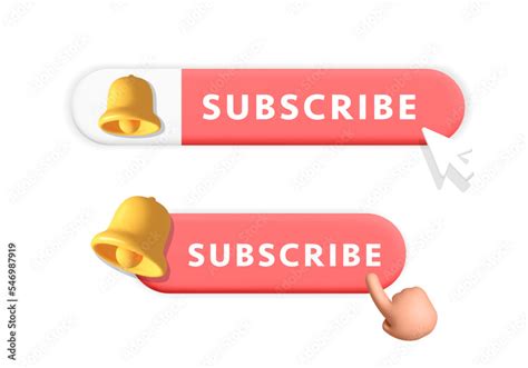 3d Vector Set Of Red Subscribe Button With Bell Reminder Symbol And Hand Or Mouse Cursor Pointer