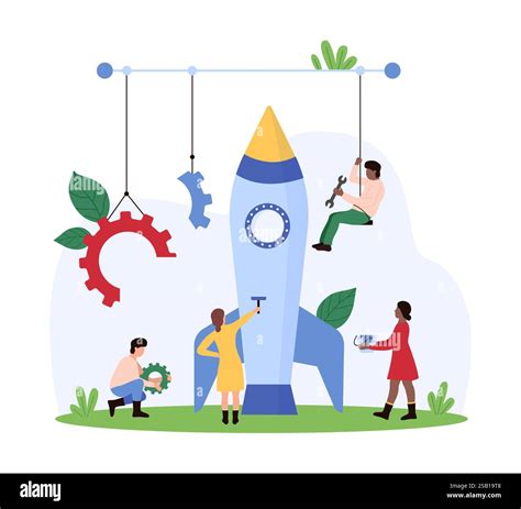 Tiny People Assembling A Rocket With Gears And Tools Illustrating