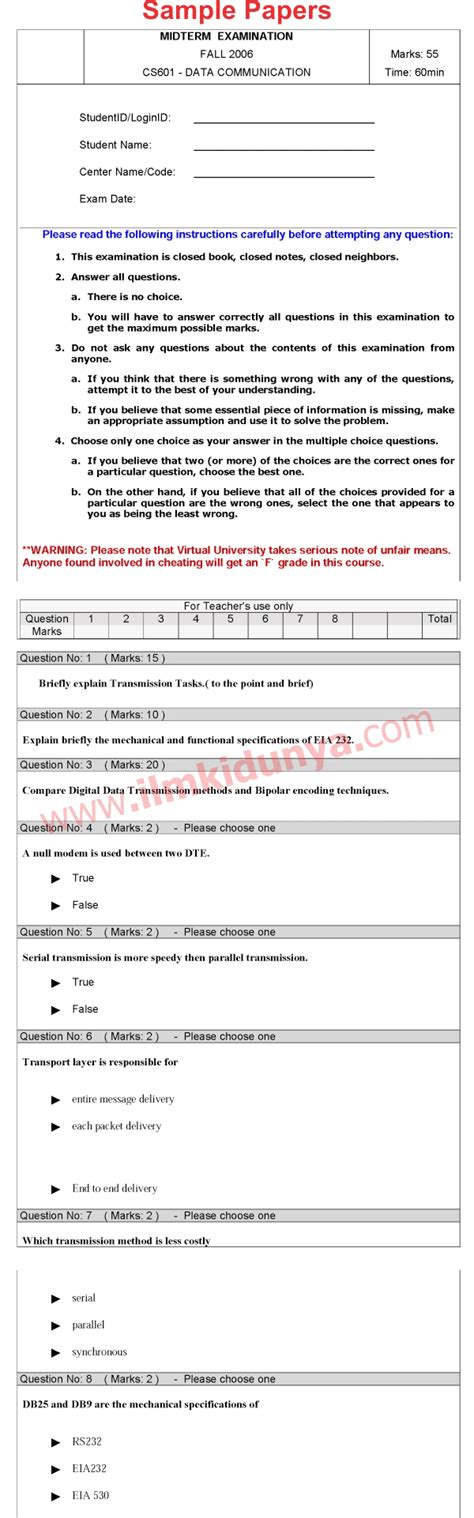 Cs601 Data Communication Mcs Vu University Past Papers 2006 Mid Term Fall