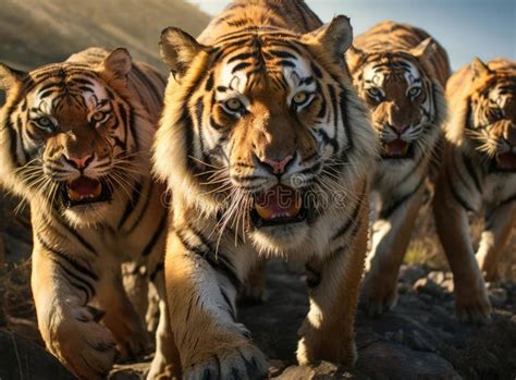 A Group Of Tigers With Fangs Stock Image Image Of Tropical Team