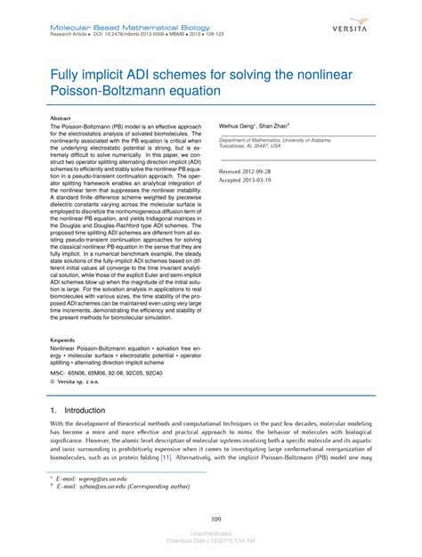 Pdf Fully Implicit Adi Schemes For Solving The Nonlinear Poisson Boltzmann Equation