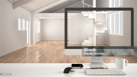 건축가 하우스 프로젝트 개념 화이트 빈 공간 최소한을 보여주는 흰색 책상에 데스크톱 컴퓨터 흐리게 배경에서 인테리어 디자인 개념에 대한 스톡 사진 및 기타 이미지 Istock