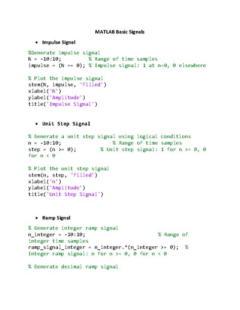 Matlab Basic Signals Matlab Basic Signals Impulse Signal Generate