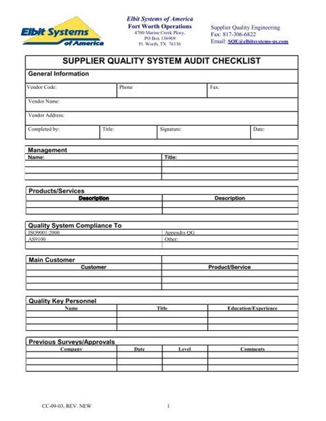 Supplier Quality System Audit Checklist Elbit Systems Of America