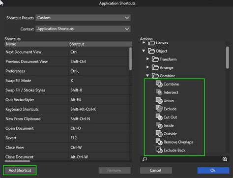 can i add custom keyboard shortcuts to boolean operations vectorstyler