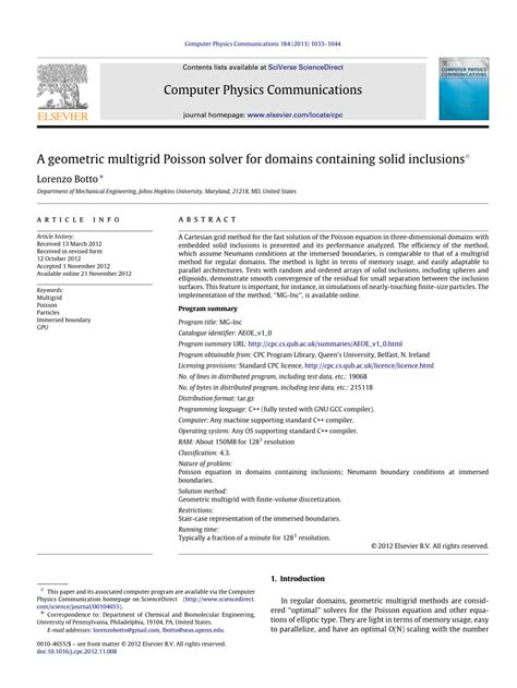Pdf A Geometric Multigrid Poisson Solver For Domains Containing Solid Inclusions