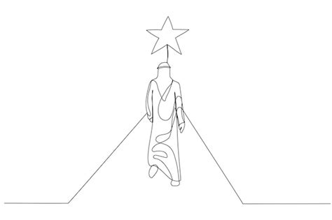아랍 사업가의 그림은 밝은 별 단일 라인 아트 스타일로 가는 끝없는 길을 걷는다 프리미엄 벡터