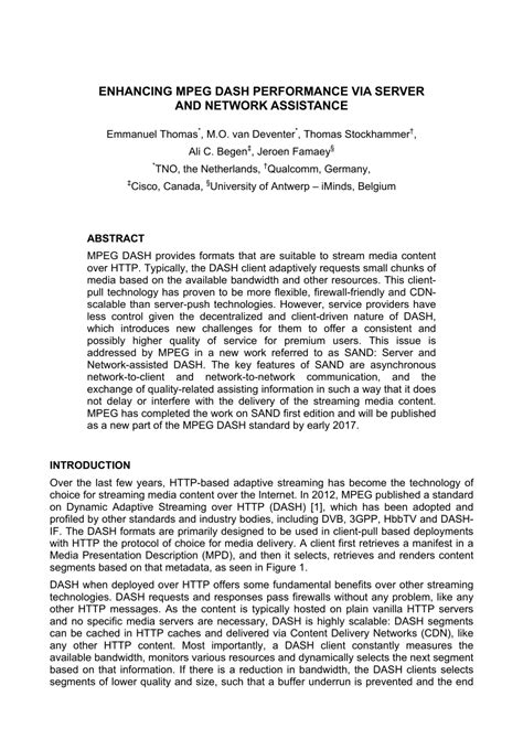 Pdf Enhancing Mpeg Dash Performance Via Server And Network Assistance