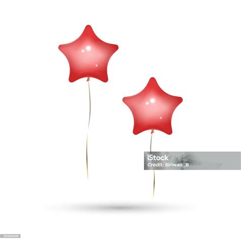 금색 리본이 달린 빨간색 단색의 별 풍선 그림자가 있는 흰색 배경에 격리되어 있으며 모형 템플릿 개체입니다 사실적인 3d 벡터 그림입니다 고무에 대한 스톡 벡터 아트 및