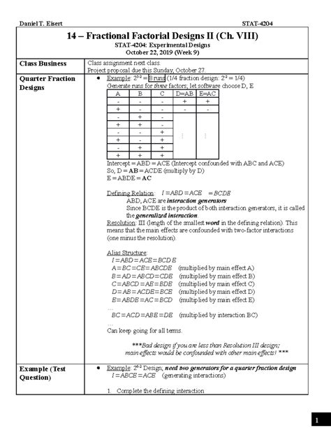 Stat 4204 Notes 14 Fractional Factorial Designs Ii 1 Daniel T Eisert Stat 14