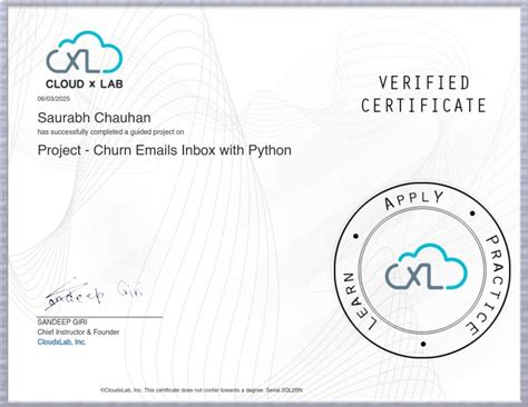 Completion Certificate For Project Churn Emails Inbox With Python