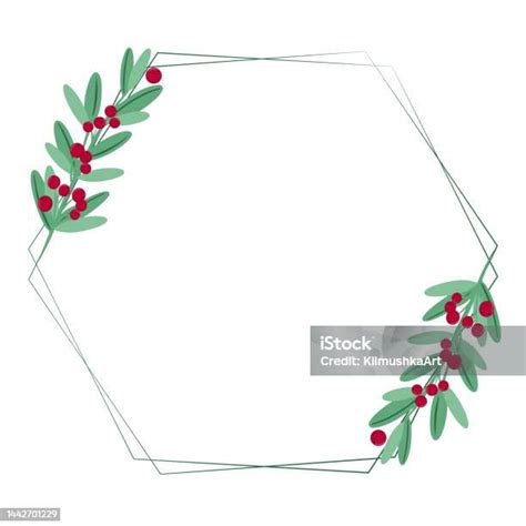 붉은 열매와 나뭇잎 벡터 일러스트 레이 션이 있는 아름 다운 크리스마스 다각형 프레임 크리스마스에 대한 스톡 벡터 아트 및 기타 이미지 크리스마스 합성 이미지 형판
