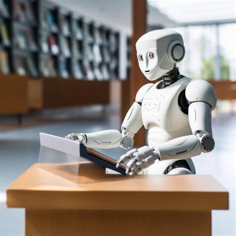 Premium Ai Image A Robot Sits At A Desk With A Tablet In Front Of It