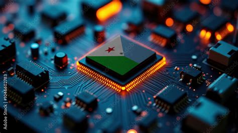 A Microprocessor With The Djibouti Flag Is Embedded On A Circuit Board Highlighted By Glowing