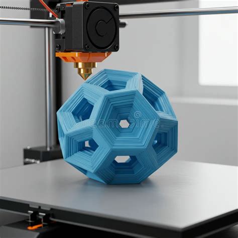 A 3d Printer Creating A Blue Geometric Polyhedron Resembling A Dodecahedron Stock Illustration