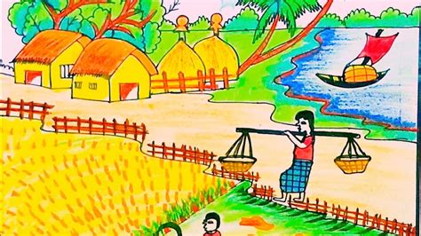 Autumn Scenery Drawing How To Draw Village হেমন্তকালের দৃশ্য আকা সহজেই Youtube