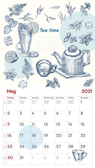 2021 벽 빈티지 캘린더 플래너의 페이지 5월 월 주는 일요일에 시작됩니다 알코올 바 테마 티 타임 칵테일 복고풍 포스터 장소 레시피 스케치 조각 스타일 일러스트를 작성