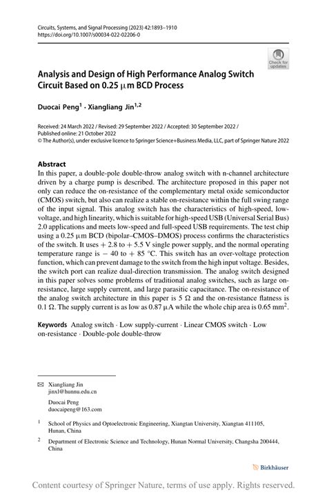 Analysis And Design Of High Performance Analog Switch Circuit Based On