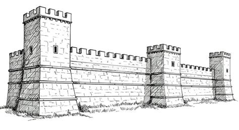 Pen And Ink Drawing Of A Medieval Castle Wall Featuring Four Square