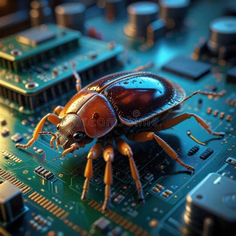Digital Computer Bug On Circuit Board Concept Representation Of Software Error Stock