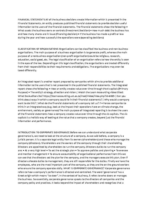 Corporate Governance Unit 6 Lecture Notes Financial Statements All Of The Business Decisions